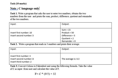 Solved Note C Language Only Task 1 Write A Program That