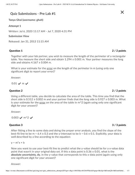 Physics Quiz PM Quiz Submissions Pre Lab PHYSICS AA Introduction To