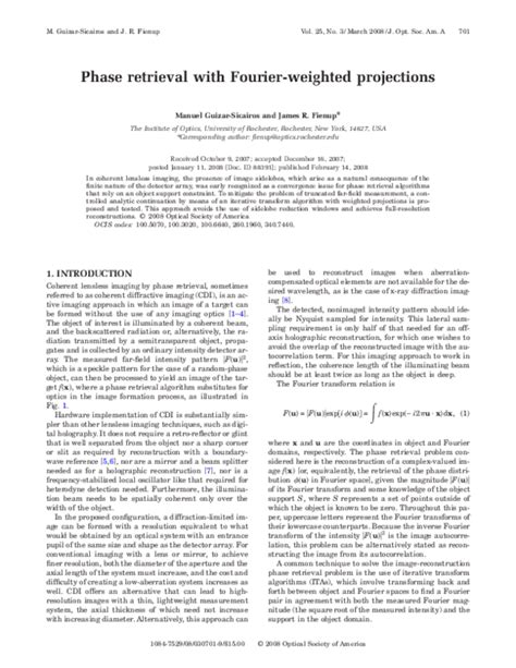 Pdf Phase Retrieval With Fourier Weighted Projections James Fienup