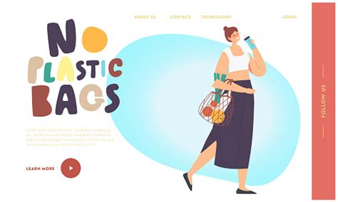 비닐 봉투 랜딩 페이지 템플릿이 없습니다 여성 캐릭터 는 문자열 에코 친화적 인 가방에 제품을 수행합니다 바이오 분해 패키지 0에 대한 스톡 벡터 아트 및 기타 이미지