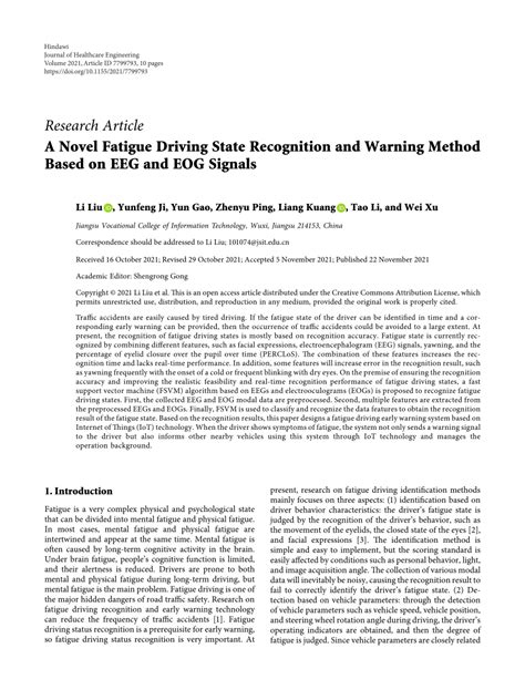 Pdf A Novel Fatigue Driving State Recognition And Warning Method Based On Eeg And Eog Signals