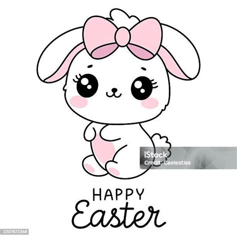 손으로 쓴 텍스트와 리본 리본이 달린 사랑스러운 카와이 부활절 흰 토끼가 있는 행복한 부활절 인사말 카드 0명에 대한 스톡 벡터 아트 및 기타 이미지 Istock