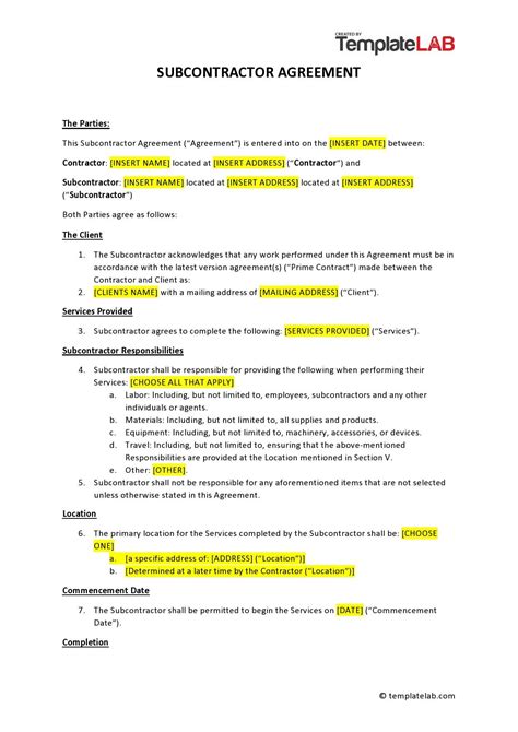 》printable Sub Contractor Agreement Template