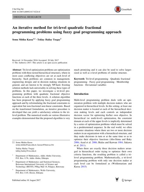 Pdf An Iterative Method For Tri Level Quadratic Fractional Programming Problems Using Fuzzy