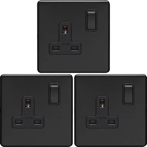 3 Pack 1 Gang Dp 13a Switched Uk Plug Socket Screwless Matt Black Wall Power Diy At Bandq