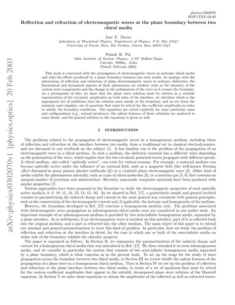 Pdf Reflection And Refraction Of Electromagnetic Waves At The Plane Boundary Between Two