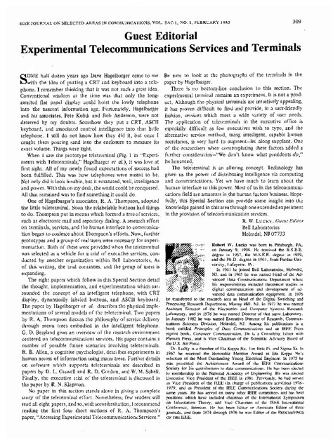Guest Editorial Experimental Telecommunications Services And Terminals