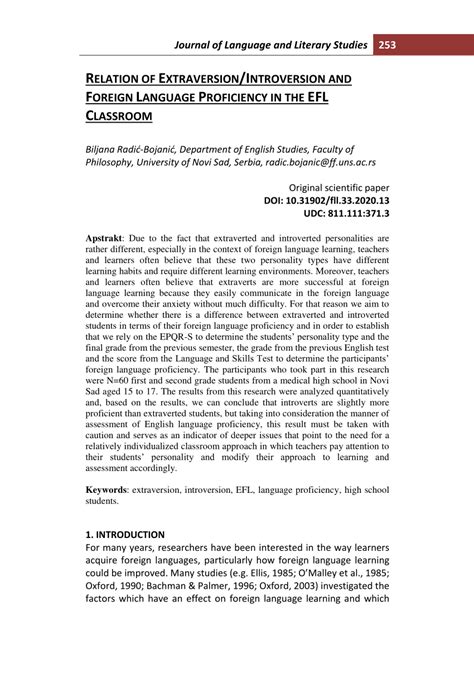 Pdf Relation Of Extraversion Introversion And Foreign Language Proficiency In The Efl Classroom