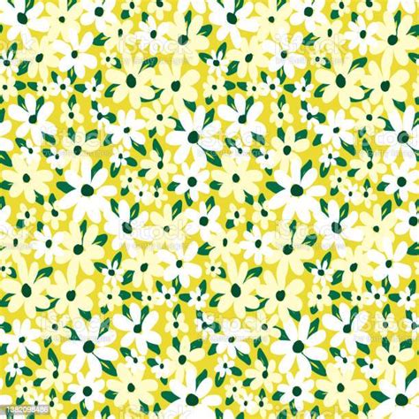 흰색 스케치 데이지와 매끄러운 패턴 노란색 필드에 잎 작은 손으로 그린 꽃 귀여운 꽃 무늬 프린트 낭만적 인 식물 배경 초원