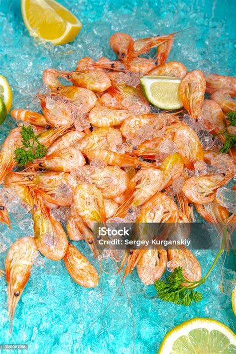 머리가 없는 붉은 신선한 새우 랑구스틴 얼음 푸른 바다 배경 체리 레몬과 라임 조각이 둥근 슬라이스 신선한 허브 빛 상단 측면 보기 주위 갑각류에 대한 스톡 사진 및 기타