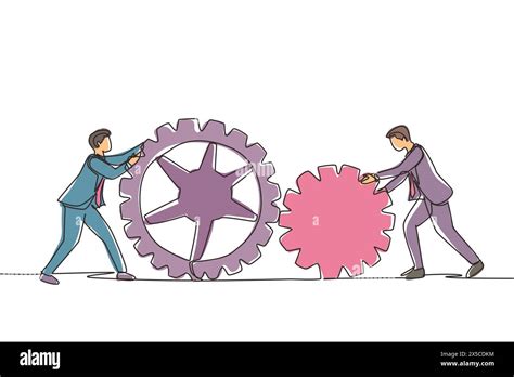 Single Continuous Line Drawing Two Businessman Pushing Big Cogs Together Teamwork Cooperation
