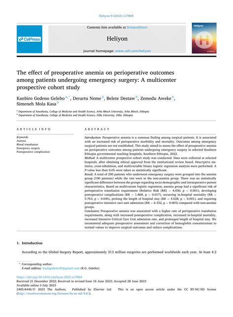 Pdf The Effect Of Preoperative Anemia On Perioperative Outcomes Among