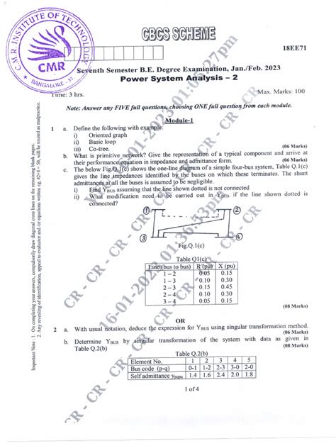 Vtu Question Paper Of 18ee71 Power System Analysis 2 Jan Feb 2023 Pdf