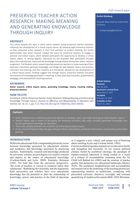 pdf preservice teacher action research making meaning and generating knowledge through inquiry