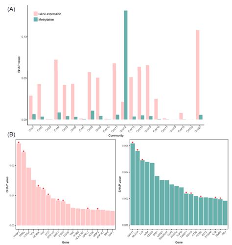the shap values of genomic features in the network communities the