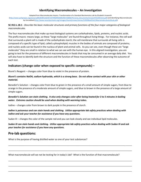 Macromolecule Identification Lab A Biochemistry Investigation