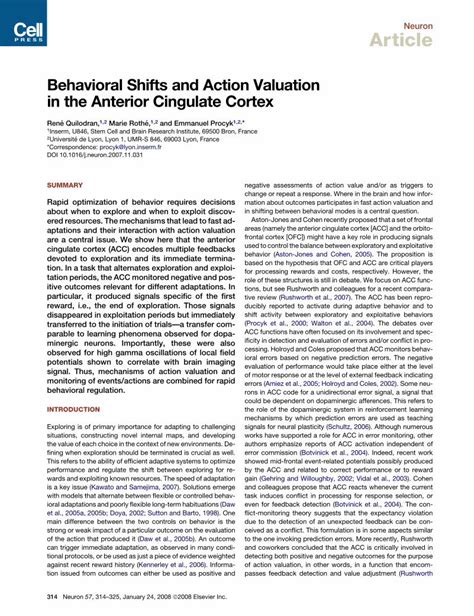 Pdf Behavioral Shifts And Action Valuation In The Anterior Cingulate