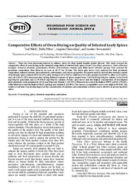 Pdf Comparative Effects Of Oven Drying On Quality Of Selected Leafy Spices