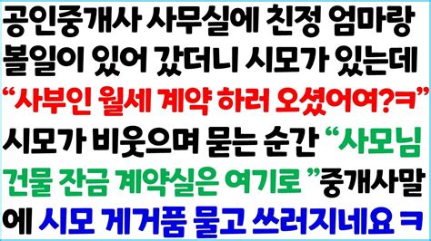 반전사이다사연 공인중개사 사무실에 친정 엄마랑 볼일이 있어 갔더니 시모가 있는데 사부인 월세 계약 하러 오셨어요 ㅋ 시모가 비웃으며~ 라디오드라마사연라디오