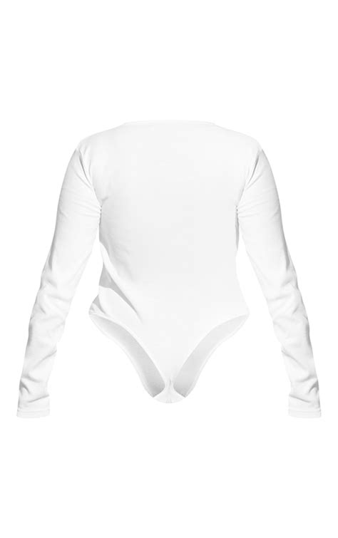 Plus White Basic Rib V Neck Long Sleeve Bodysuit Plus Size Prettylittlething