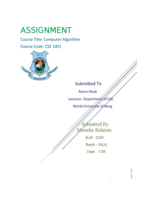 Assignment Course Title Computer Algorithm Course Code Cse 1001