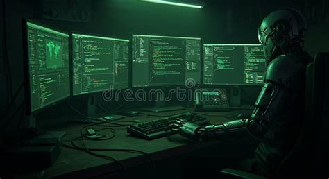 coding at multiple monitors a robot working in a green office stock
