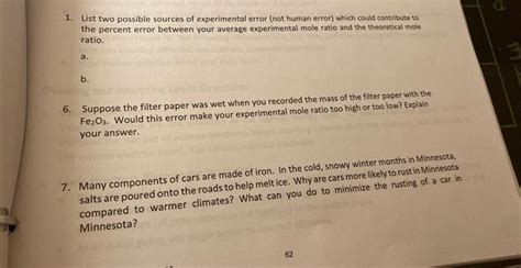 solved 1 list two possible sources of experimental error