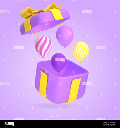 3d Purple T Box With Air Balloons Open Present Box With Yellow Ribbon And Bow Surprise