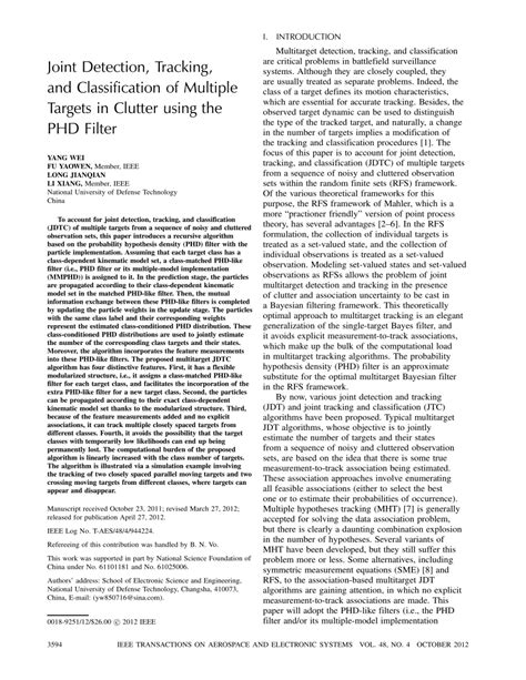 Pdf Joint Detection Tracking And Classification Of Multiple Targets In Clutter Using The Phd