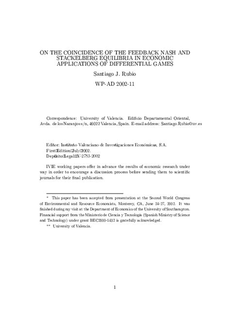 Pdf On The Coincidence Of The Feedback Nash And Stackelberg Equilibria In Economic