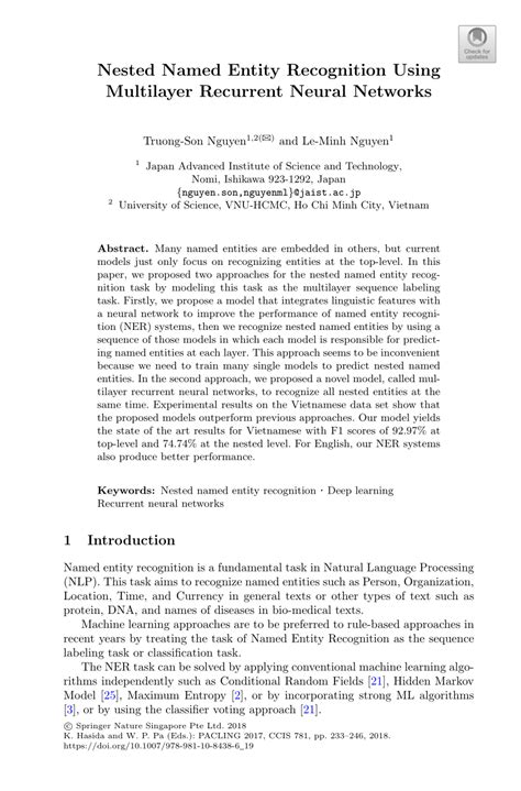 Pdf Nested Named Entity Recognition Using Multilayer Recurrent Neural Networks
