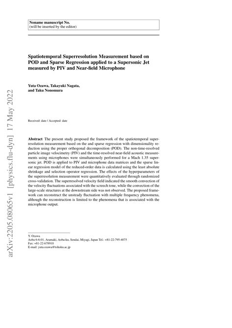Pdf Spatiotemporal Superresolution Measurement Based On Pod And Sparse Regression Applied To A