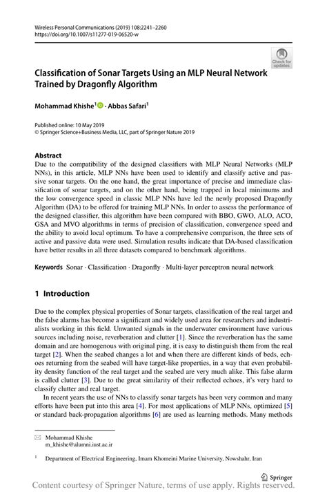 classification of sonar targets using an mlp neural network trained by