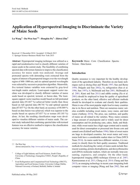 Pdf Application Of Hyperspectral Imaging To Discriminate The Variety Of Maize Seeds