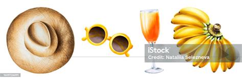잘 익은 바나나 다발 유리 잔에 담긴 칵테일 밀짚모자 선글라스가 있는 수채화 삽화 세트 열대 과일은 흰색 배경에 분리되어 있다 디자이너 스파 장식 엽서 결혼식 인사말 배경