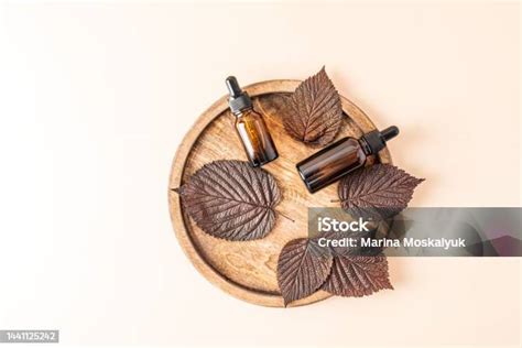 가을 갈색 잎 사이의 나무 쟁반에 천연 노화 방지 얼굴과 바디 케어 제품이 있는 호박색 유리 피펫이 있는 두 개의 화장품 병 가을 단풍에 대한 스톡 사진 및 기타 이미지