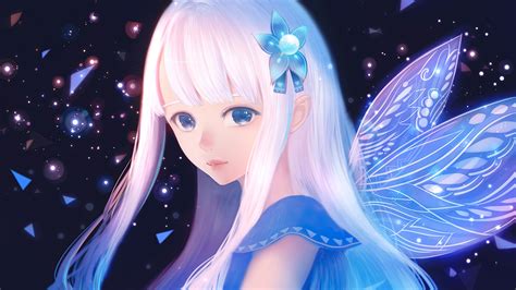 Anime Girl With White Hair And Blue Eyes With Wings