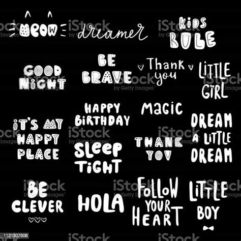아기 방 인사말 카드 벽에 인쇄 베개 장식 아이 인테리어 아기 의류 및 티셔츠에 대 한 귀여운 어린이 문구 동기 부여 따옴표 손으로 그린 검정색 배경에 흰색 문자입니다