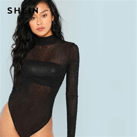 Shein Skinny Sexy Sheer Mesh Long Sleeve Rhinestone Bodysuit Black Mid