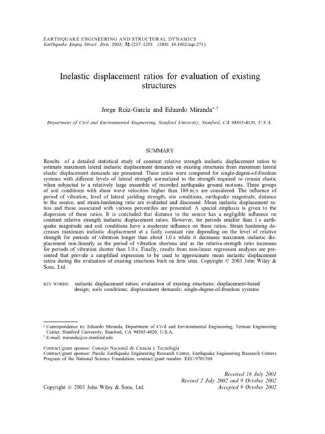 Ruiz Garcia Inelastic Displacement Ratios For Evaluation Of Existing Structures Pdf