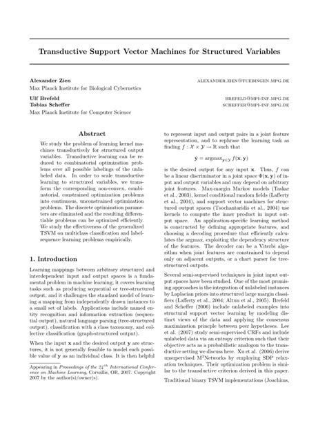 Pdf Transductive Support Vector Machines For Structured Variables