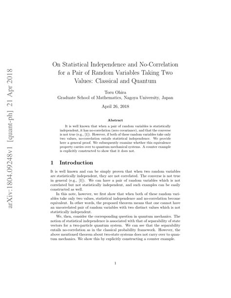 pdf on statistical independence and no correlation for a pair of
