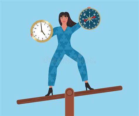 Woman On Teeter Board With Clock And Compass Vector Illustration