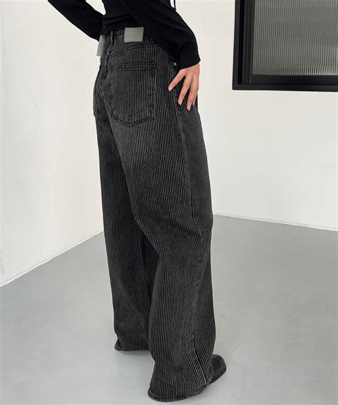 미러인리버 부분당일발송🚀주문폭주🔥 허쉬 스트라이프 블랙 데님 와이드 팬츠