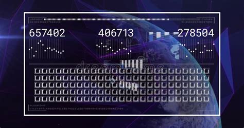 animation of data processing on interface over globe in night sky stock