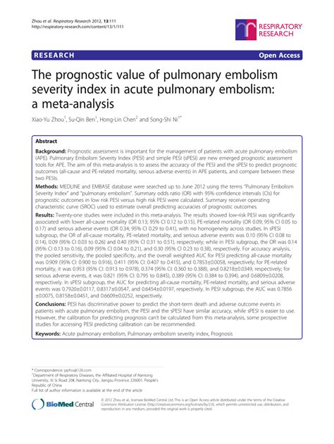 Pdf The Prognostic Value Of Pulmonary Embolism Severity Index In Acute Pulmonary Embolism A