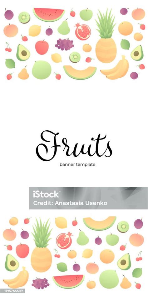 벡터 색상 채식 과일 배너입니다 흰색 배경에 격리 된 수평 테두리와 과일의 현대 스타일의 수직 평면 프레임 포스터 배경 웹 여름