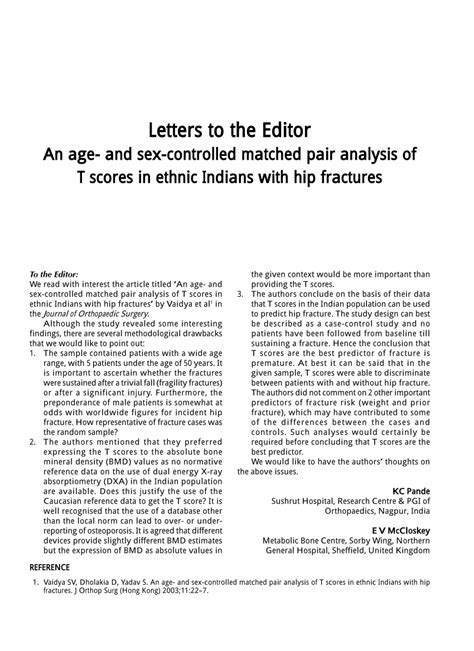 Pdf An Age And Sex Controlled Matched Pair Analysis Of T Scores In