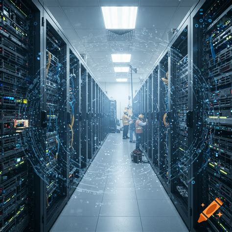 Digital Art Of A Data Center With Purple And Blue Glowing Waves Of Data