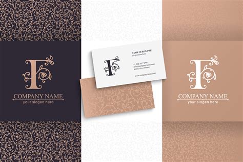 프리미엄 벡터 F 로고 몬노그램 레터링 및 명함 장미의 섬세한 우아한 꽃 무늬 엘리트 회사를 브랜딩하기 위한 개인 로고 또는 사인 벡터 디자인 0명에 대한 스톡 벡터 아트